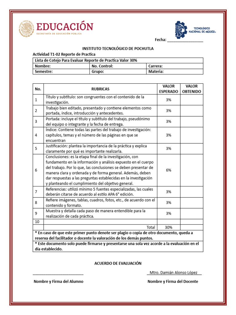 TBD - T1-02 - Lista de Cotejo de Reporte Practica e 30% | PDF