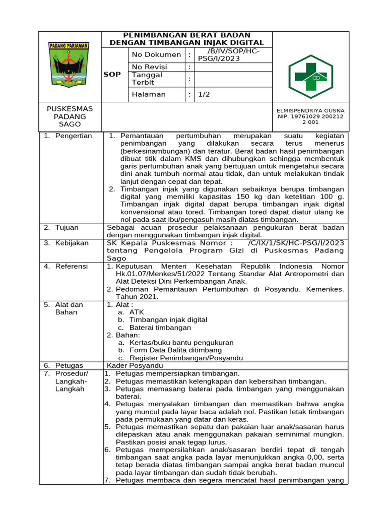 Sop Penimbangan BB Dengan Timbangan Injak Digital | PDF