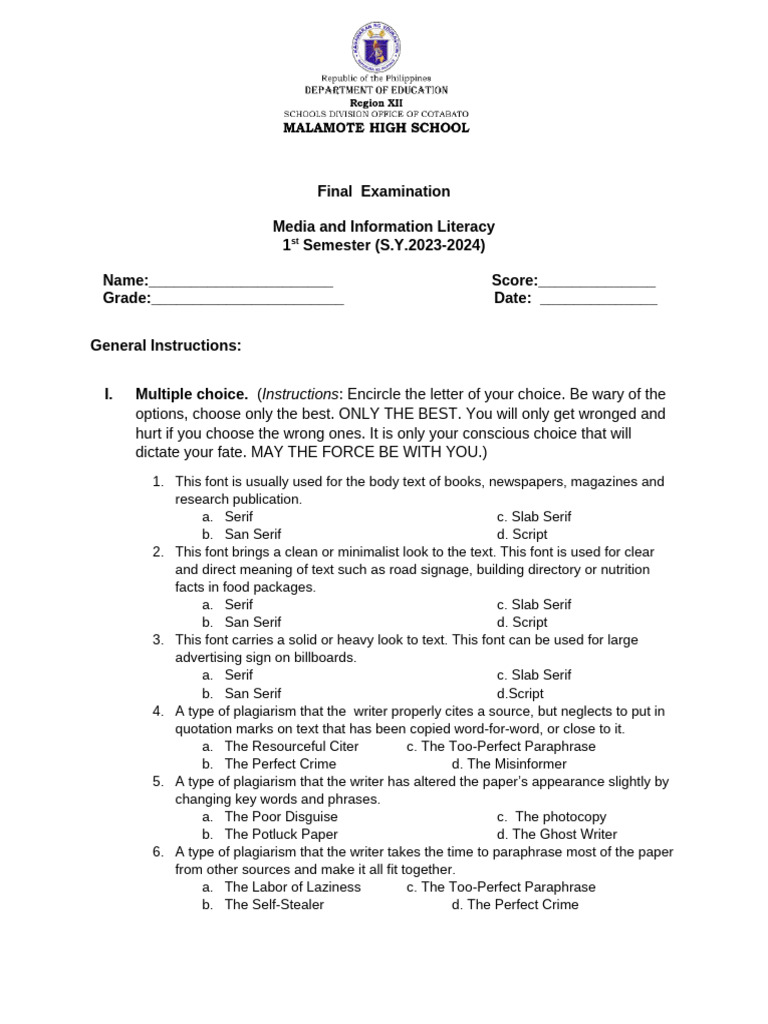 FINAL EXAM 2023-2024 Mil | PDF | Phishing | Serif