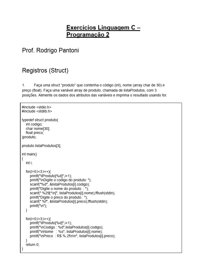 Lista de exercícios - Structs - Resolvida | PDF Lista de exercícios - Structs - Resolvida | PDF