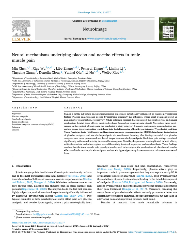 Neural Mechanisms Underlying Placebo and Nocebo Effects in Tonic Muscle ...