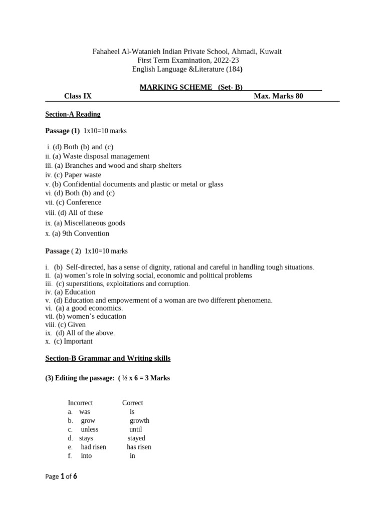 Class 9 Term 1 Eng. Answer Key, 2022-23 Set B | PDF