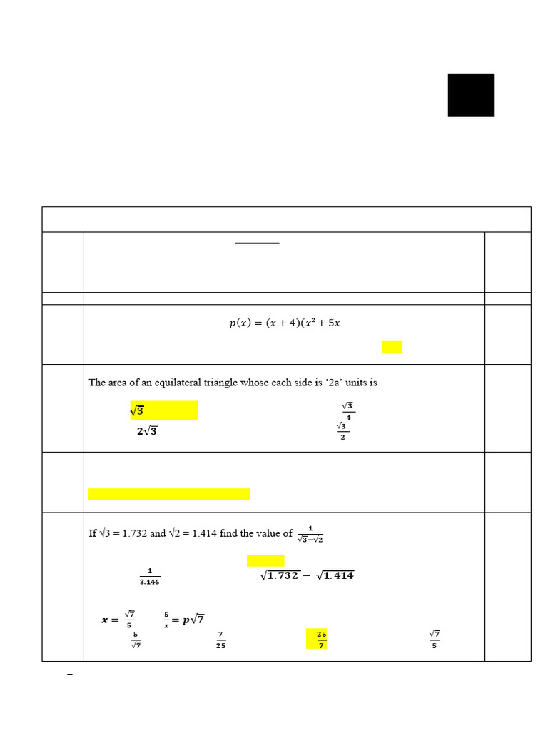 Answer Key SET a Maths First Term Exam Class IX ( 2022-23 | PDF