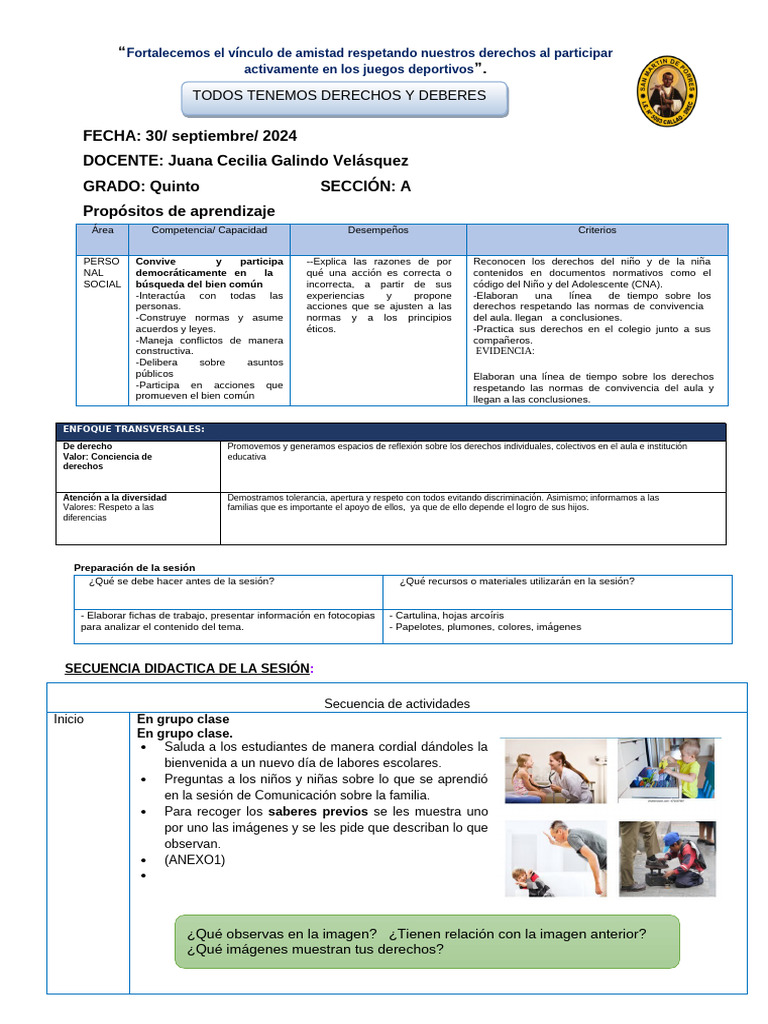 Sesion de Personal Social Deberes y Derechos 30 09 24 | PDF | Salón de clases | Crecimiento ...