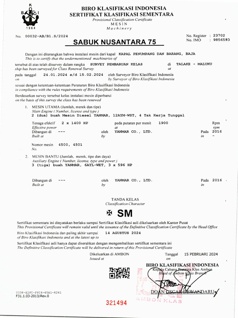 Sertifikat BKI KM Sabuk Nusantara 75 (Mesin) | PDF