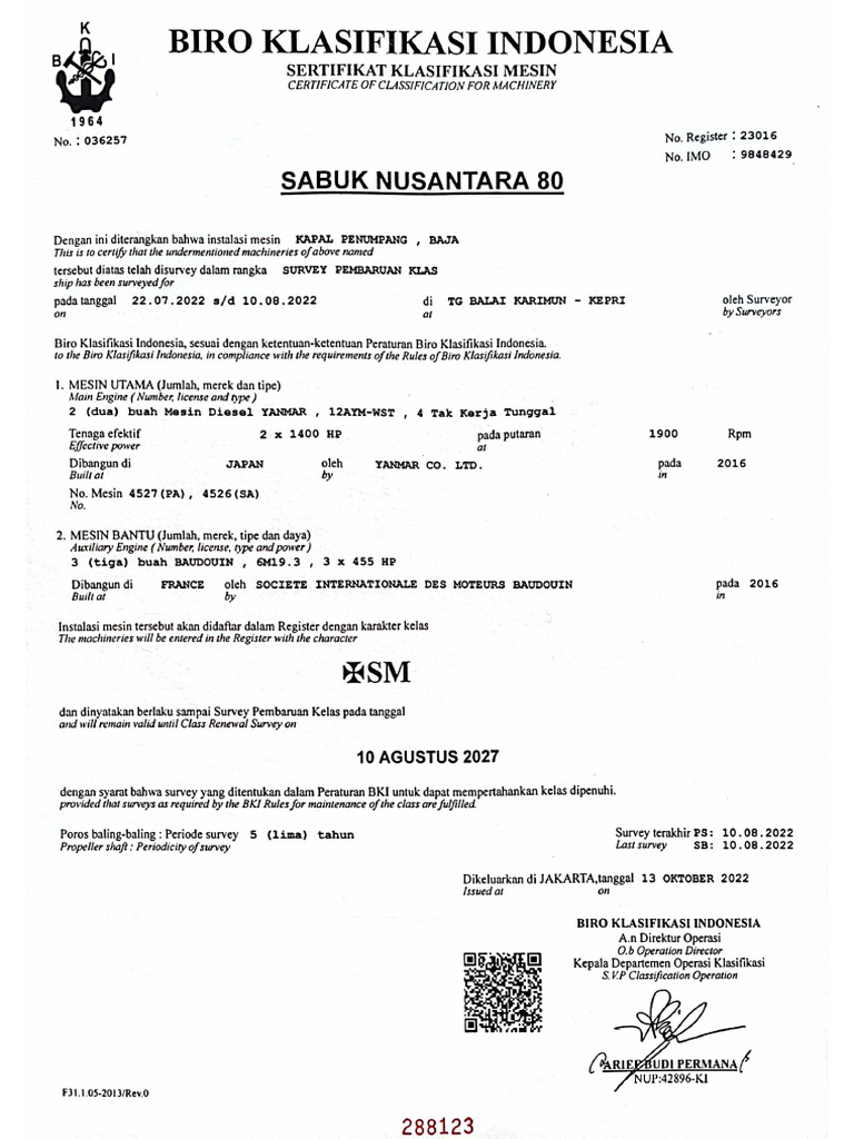 Sertifikat BKI KM Sabuk Nusantara 80 (mesin) | PDF