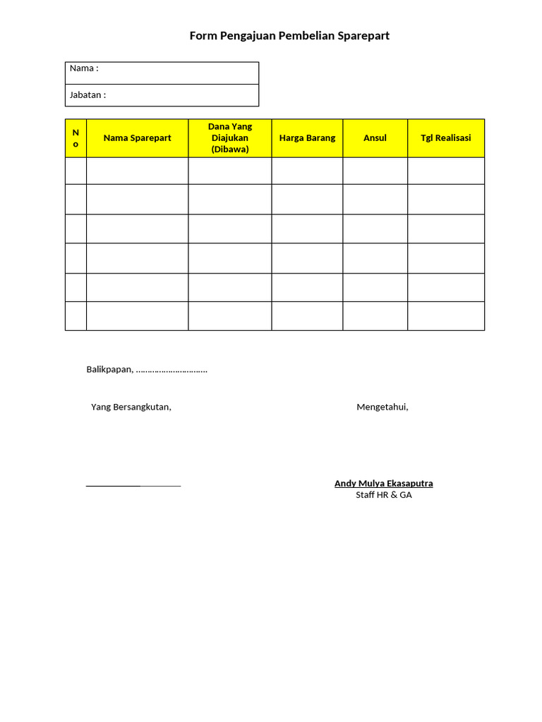 Form Pembelian Sparepart | PDF