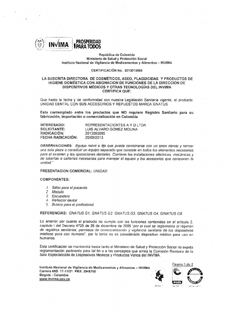 INVIMA Unidad odontológica Gnatus inova | PDF