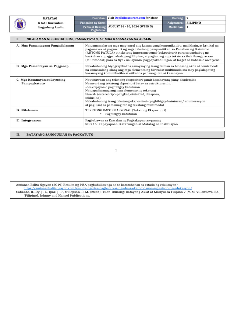 Filipino 4 Q1 W5 Matatag In Deped Resources