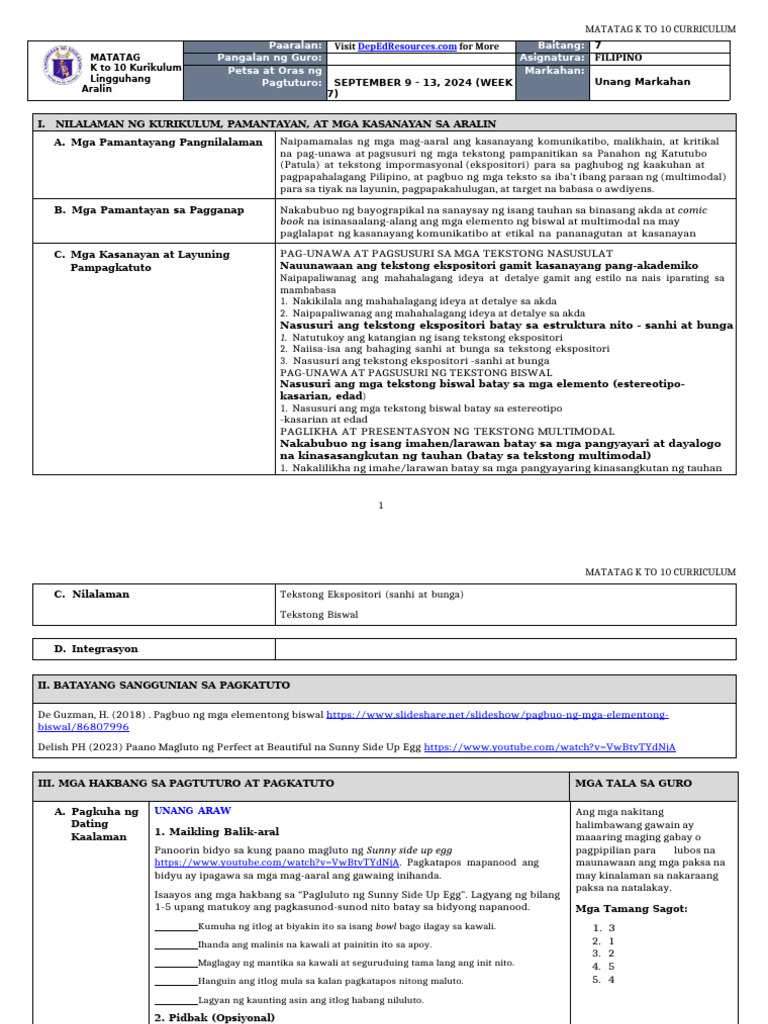 DLL Matatag - Filipino 7 q1 w7 | PDF