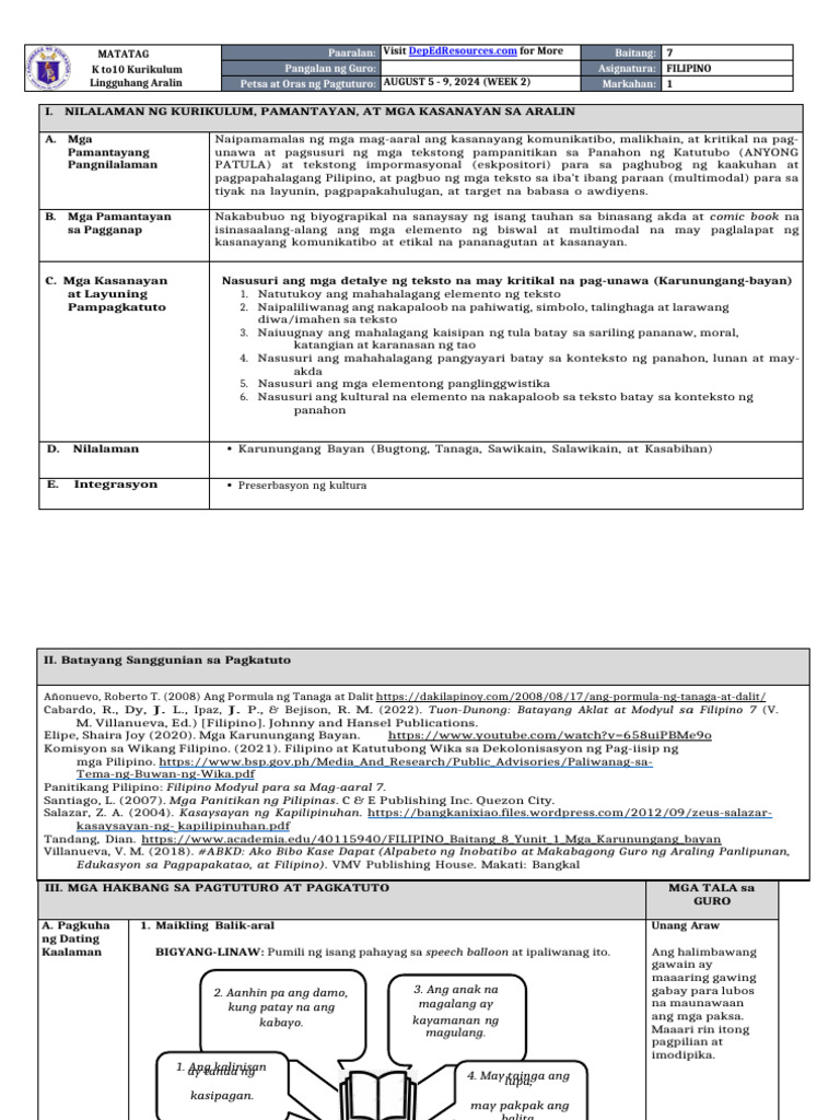 DLL Matatag - Filipino 7 q1 w2 | PDF