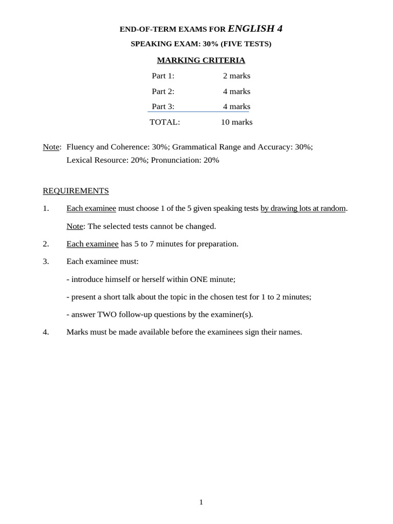 Speaking Tests For English 4 | PDF