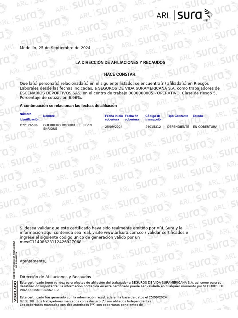 Afiliacion A La Arl | PDF