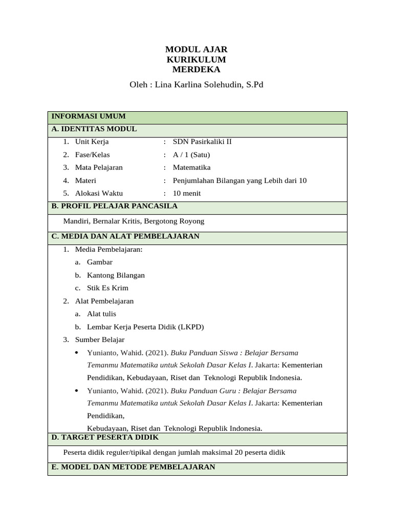 Oleh: Lina Karlina Solehudin, S.PD: Modul Ajar Kurikulum Merdeka | PDF