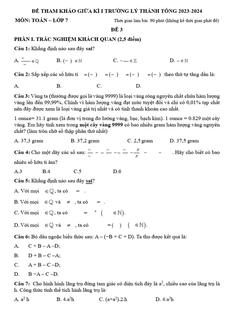 ĐỀ 3 GK1 TOÁN 7 LTT | PDF