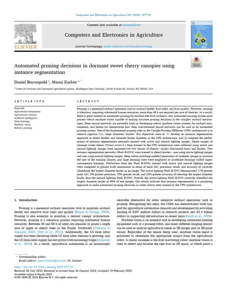Automated Pruning Decisions in Dormant Sweet Cherry Canopies Using Instance Segmentation | PDF