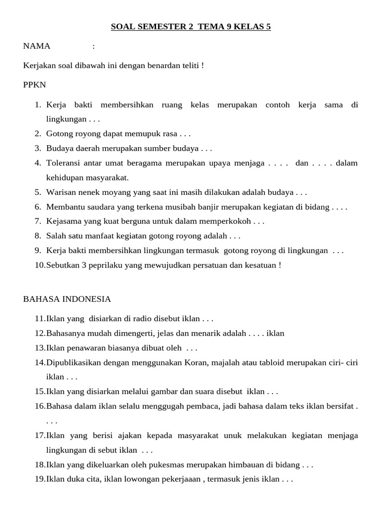 Kuis Akhir Semester Kelas 5 | PDF | Travel | Art