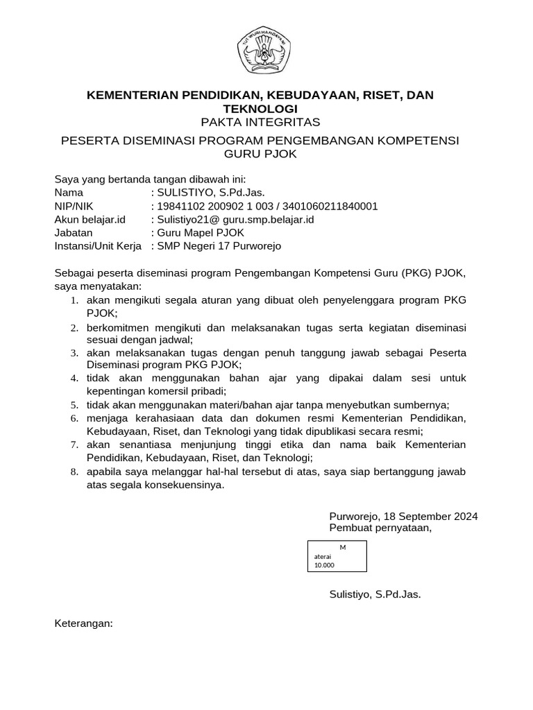 Template Pakta Integritas - Peserta Diseminasi PKG PJOK | PDF