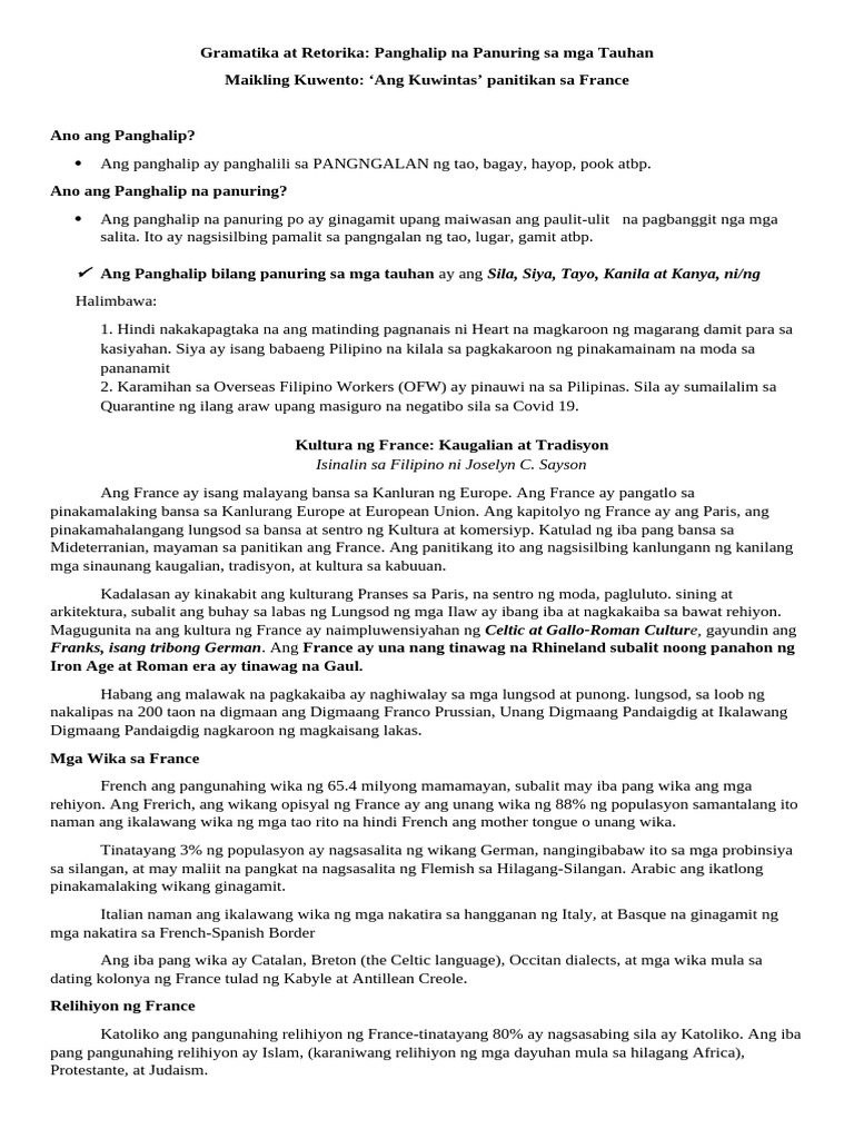 Gramatika at Retorika. Panuring Sa Mga Tauhan | PDF
