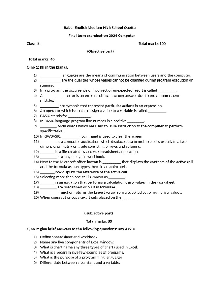 Class 8 Computer Exam Paper 2024 | PDF | Microsoft Excel | Computer Program