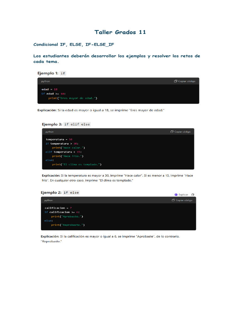 Taller Grados 11 Condicionales If If ELSE | PDF