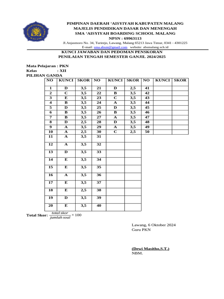 FORMAT KUNCI JAWABAN PTS GANJIL 24-25 | PDF