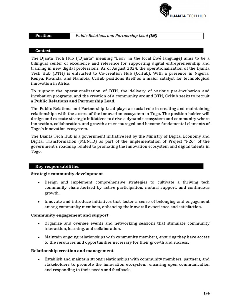 Public Relations and Partnership Lead Job Description 1 | PDF | Expert ...