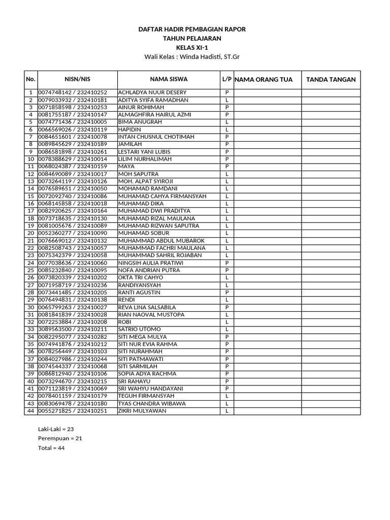 Daftar Hadir Xi Bagi Rapor | PDF