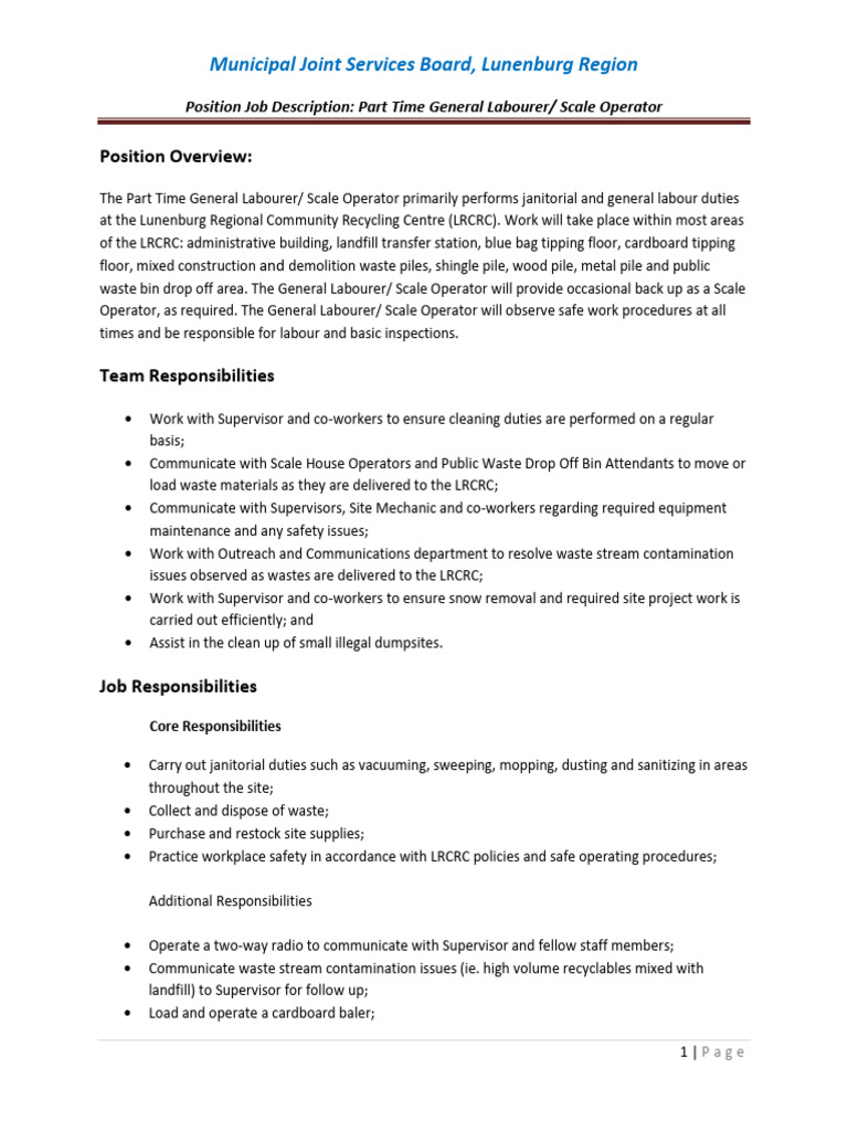 Job Description PT Gen Labourer Scale Operator | PDF