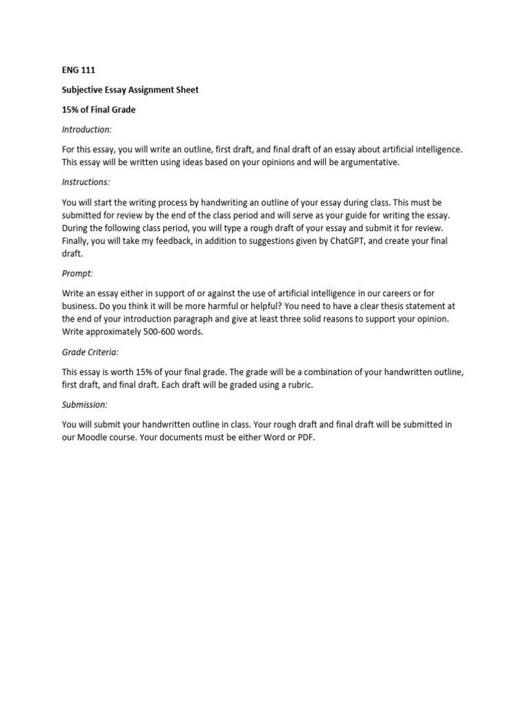 Subjective Essay Assignment Sheet | PDF | Language Arts & Discipline ...
