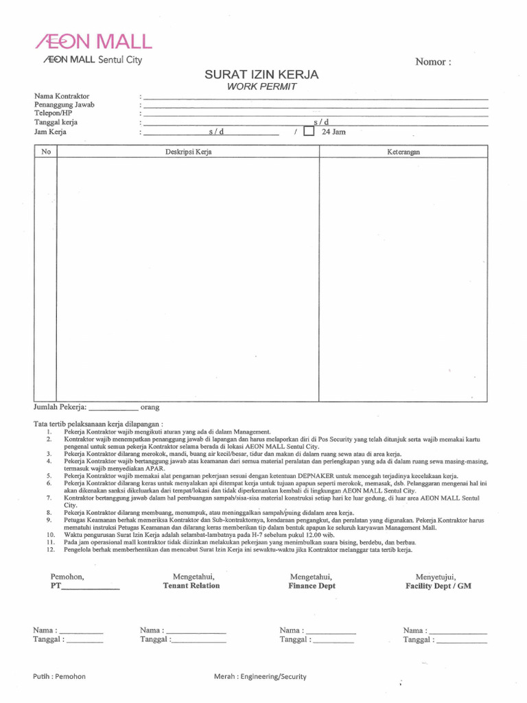 Surat Ijin Kerja & Loading AEON MALL Sentul City | PDF