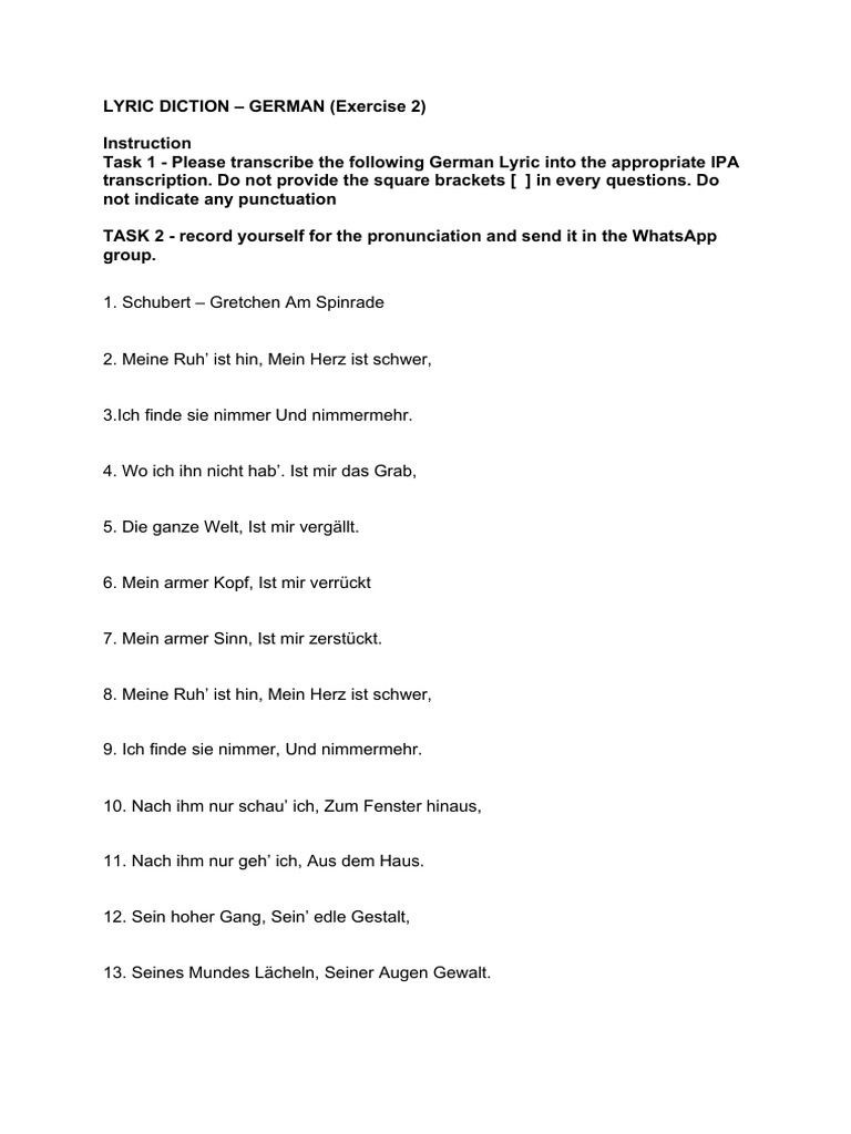 Lyric Diction - German Exercise 2 | PDF