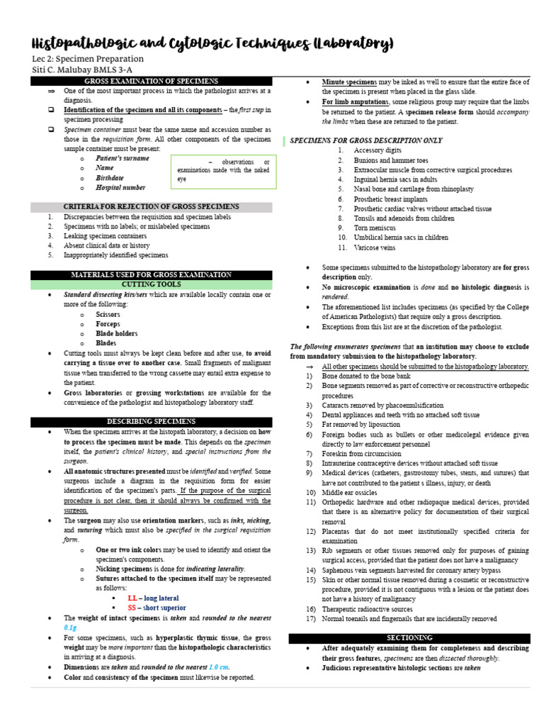 02 HISTOPATH LAB - Specimen Preparation | PDF | Histopathology | Pathology