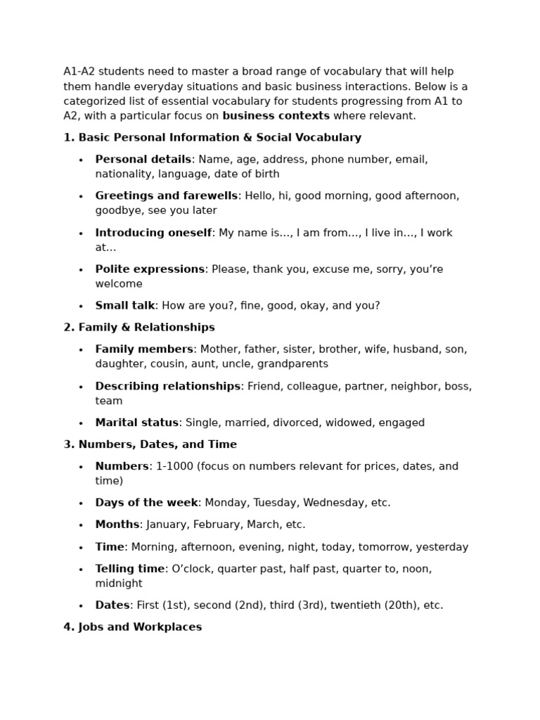 A1-A2 Vocab List | PDF