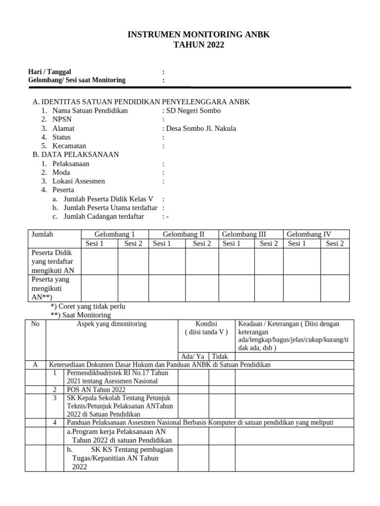 Instrumen Monitoring Anbk Tahun 2022 | PDF