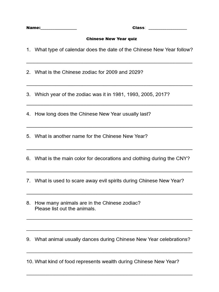 Chinese New Year Quiz | PDF