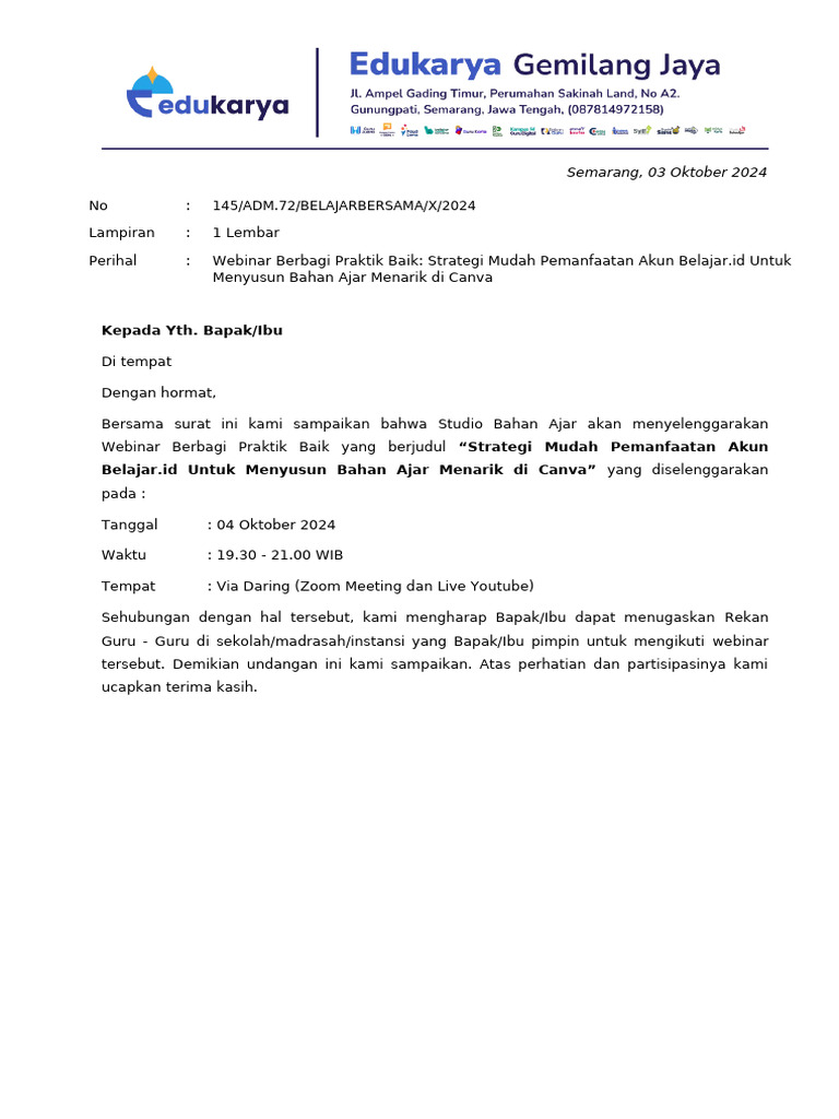 (DOWNLOAD) Surat Undangan Peserta Webinar Nasional | PDF