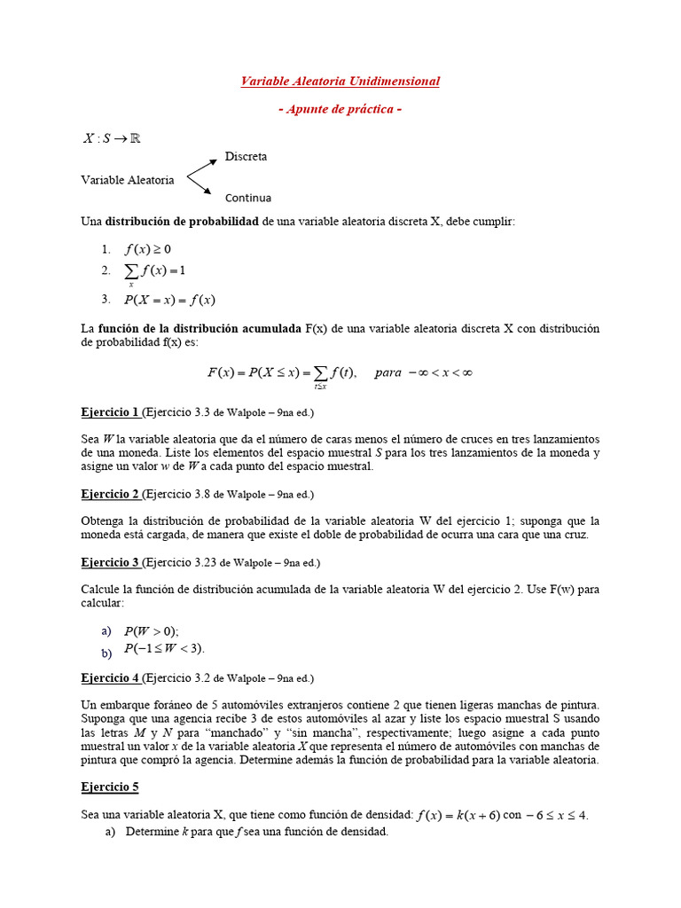 Variable Aleatoria Unidimensional - Apunte de Práctica - : Distribución de Probabilidad | PDF