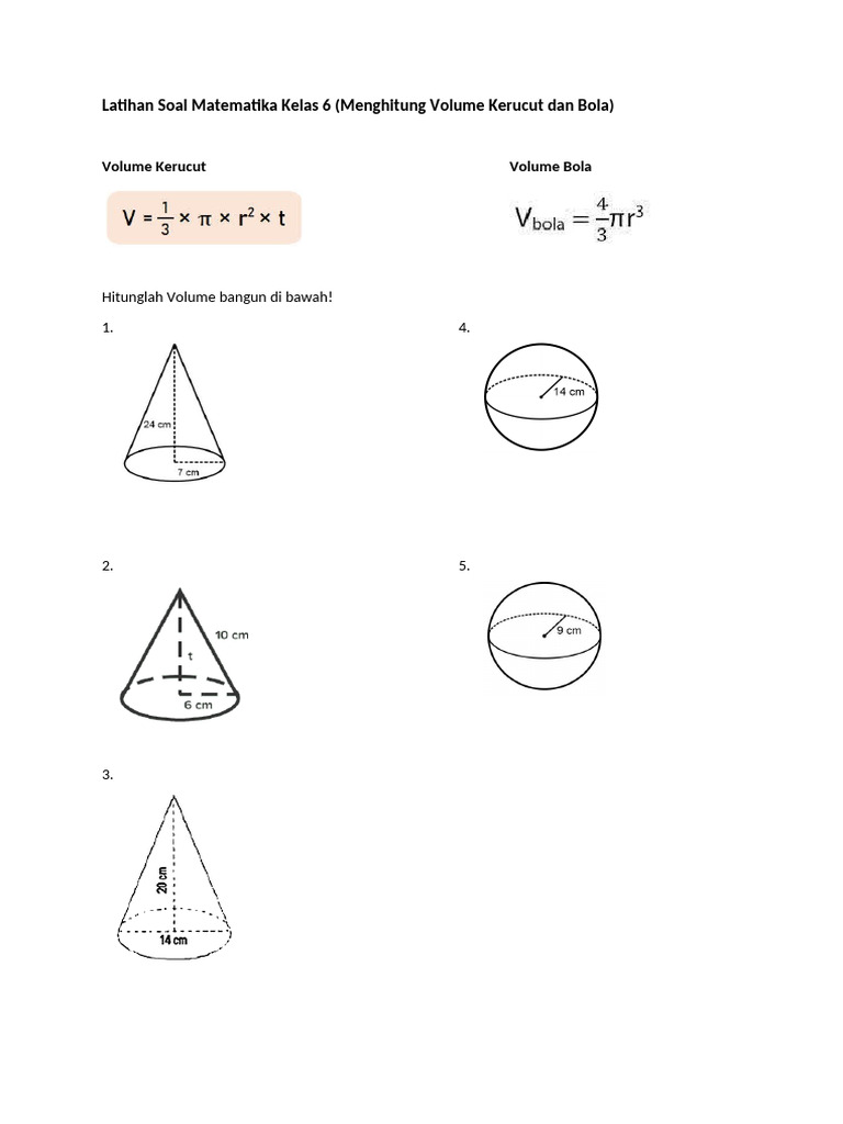 Latihan Soal Matematika Kelas 6 (Volume kerucut dan bola) | PDF