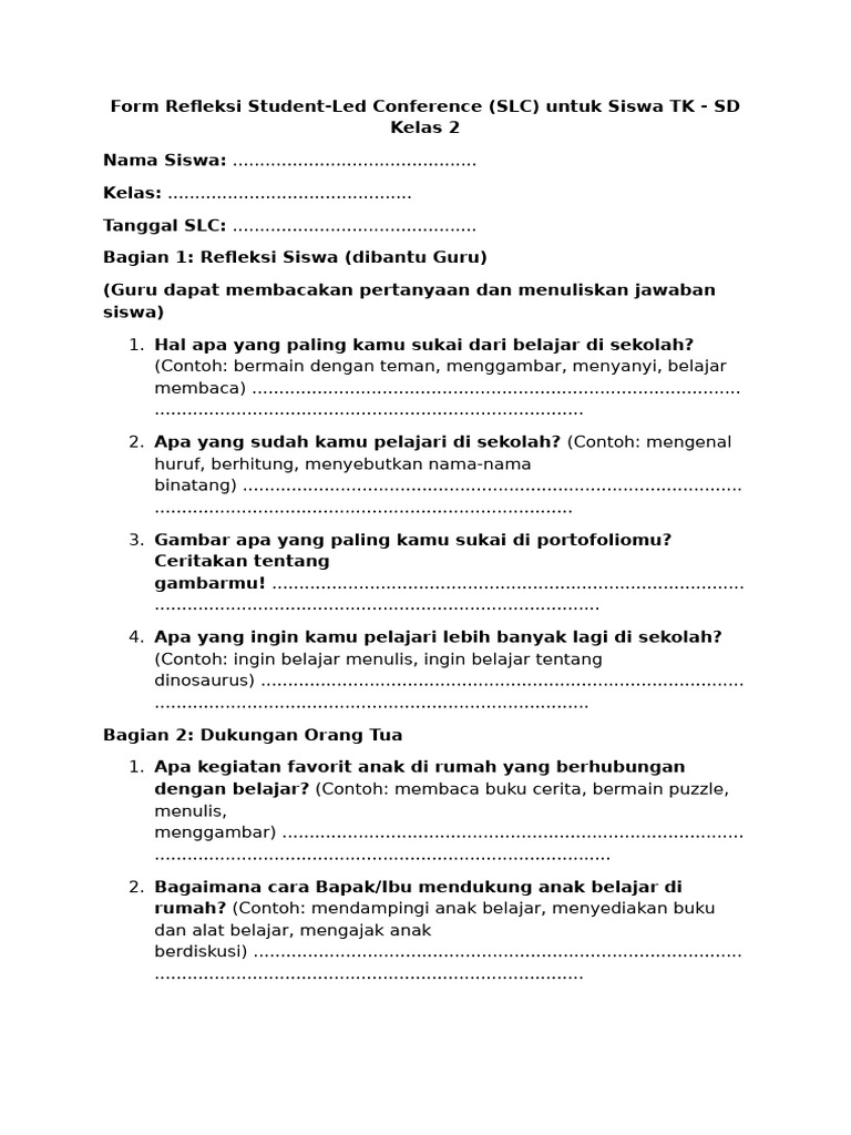 A. Form Refleksi Student-Led Conference (SLC) Untuk Siswa TK - SD Kelas 2 | PDF