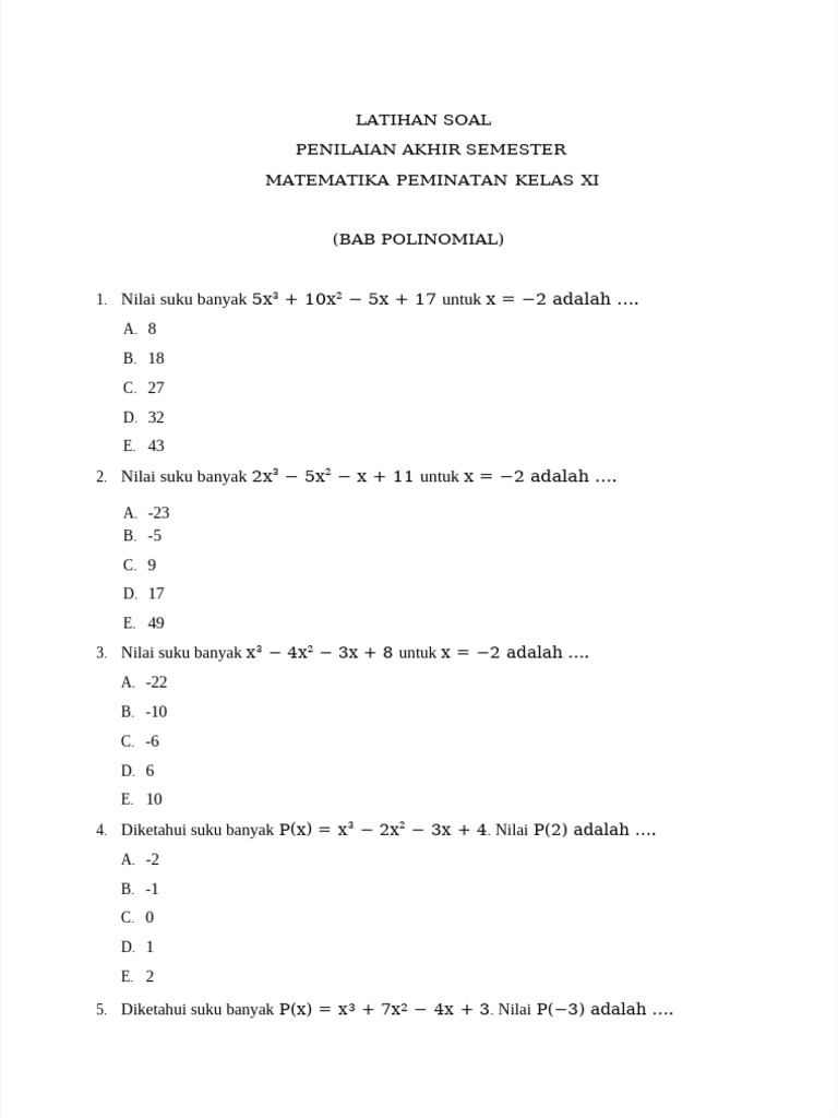 Soal Polinomial Kelas 11 PDF | PDF