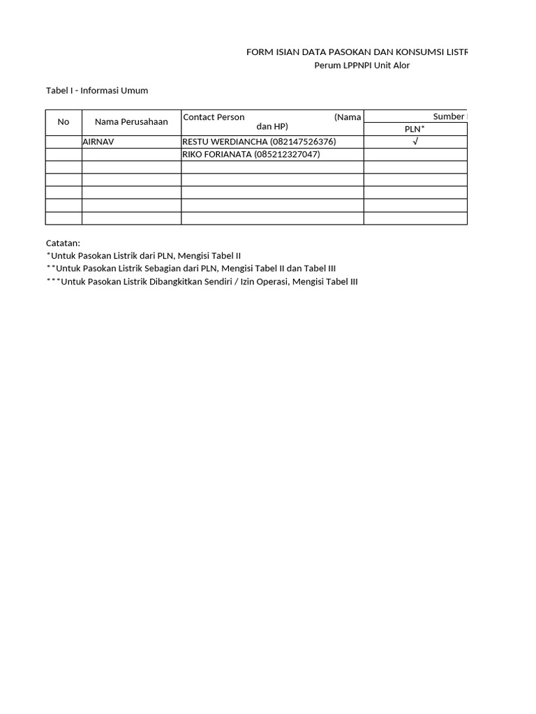 FORM ISIAN DATA PASOKAN DAN KONSUMSI LISTRIK 2019 | PDF