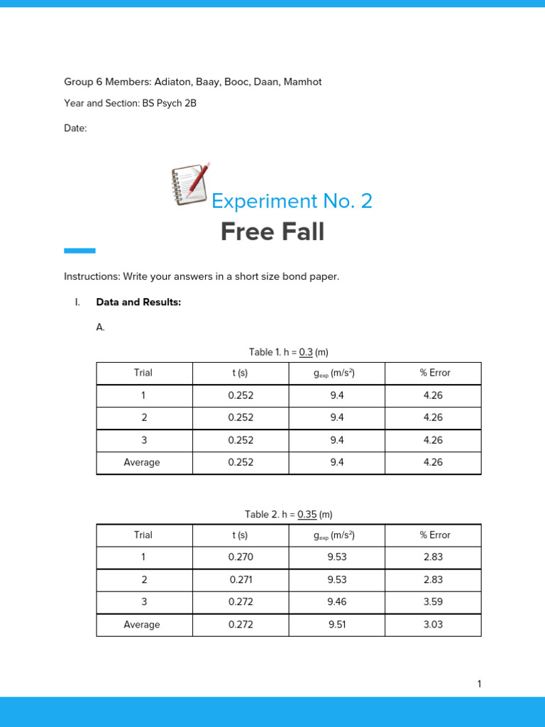 Group 6 Gen Phys Lab Experiment No. 2.1 Lab Worksheet | PDF