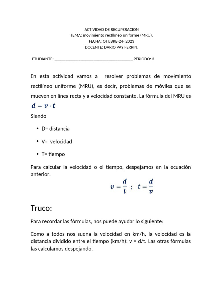Actividad de Recuperacion Mru - Octubre 24-2023 - Tercer Periodo | PDF