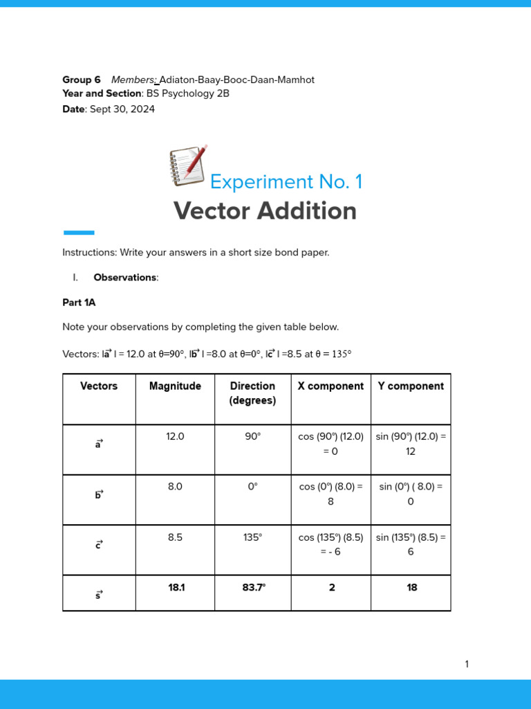 Group 6 Gen Physics Lab Experiment No 1 Lab Worksheet 1 Pdf Euclidean Vector Technology 2564