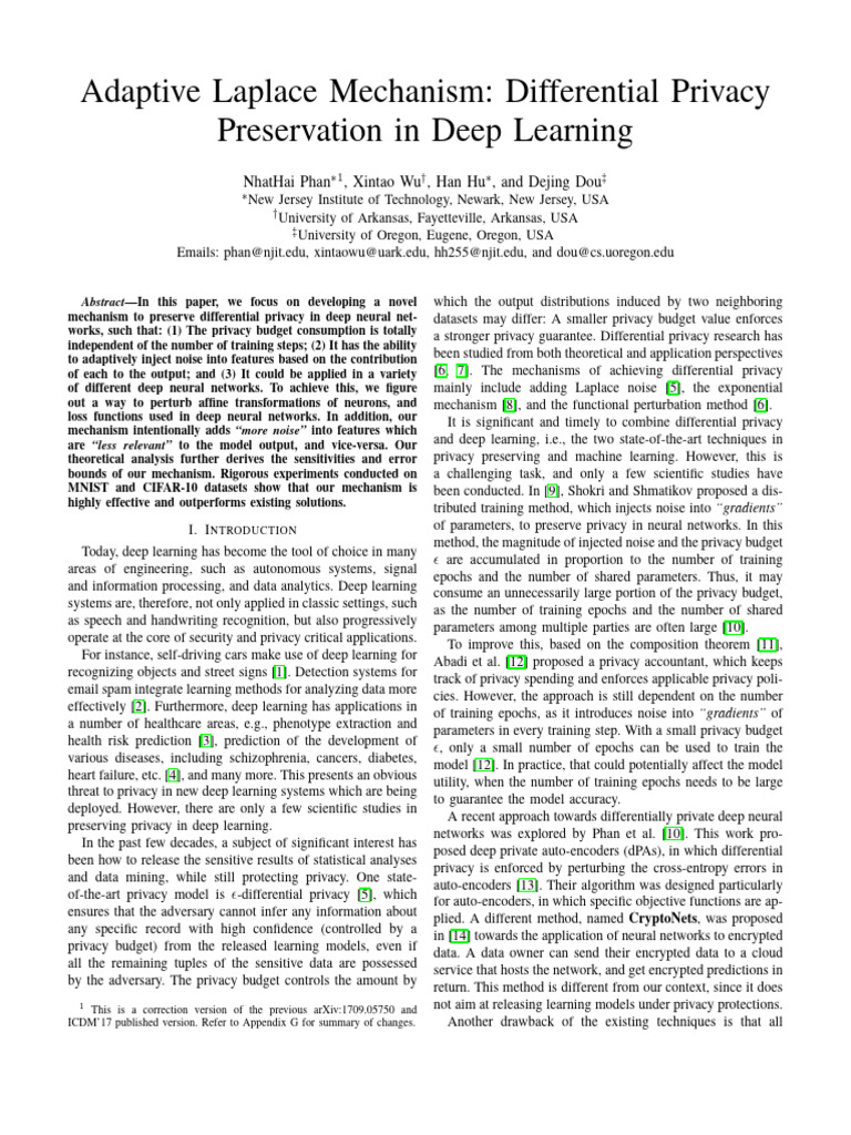 Adaptive Laplace Mechanism: Differential Privacy Preservation in Deep ...