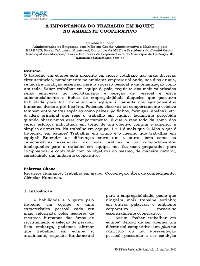 A Importância Do Trabalho em Equipe No Ambiente Cooperativo: Resumo | PDF