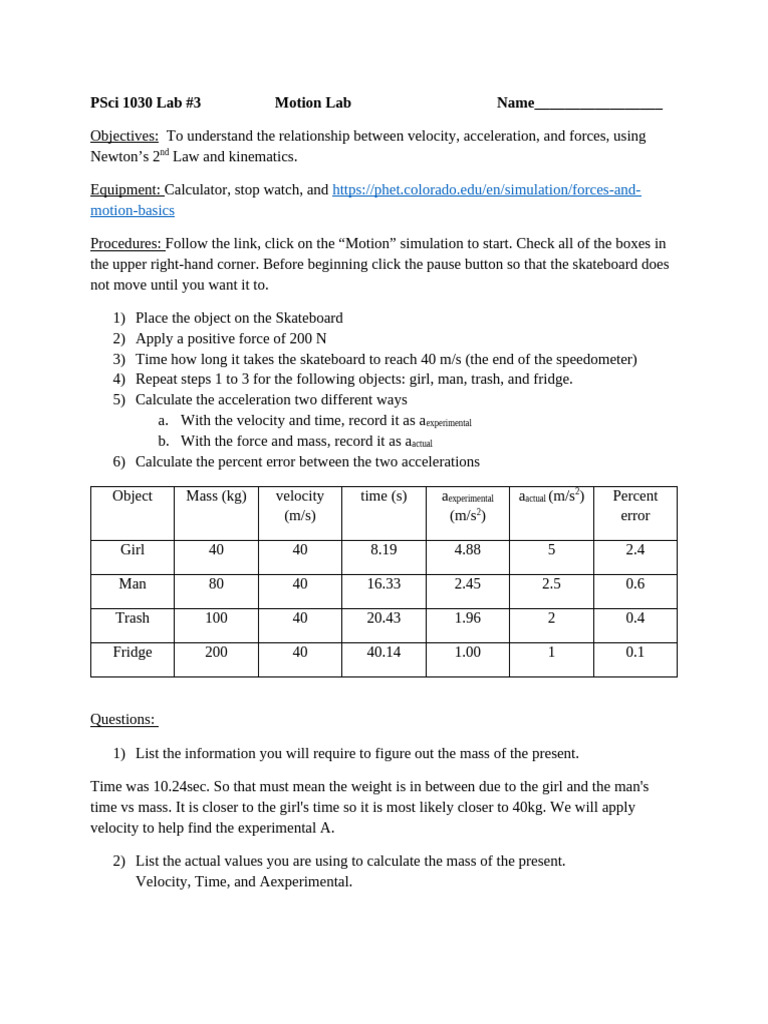 PSCI Motion Lab Virtual | PDF