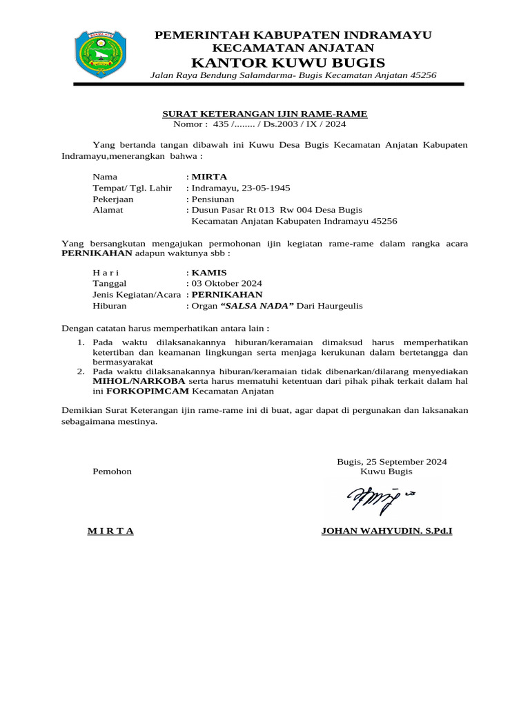 Ijin Rame-Rame Desa 2024 Pa Mirta | PDF