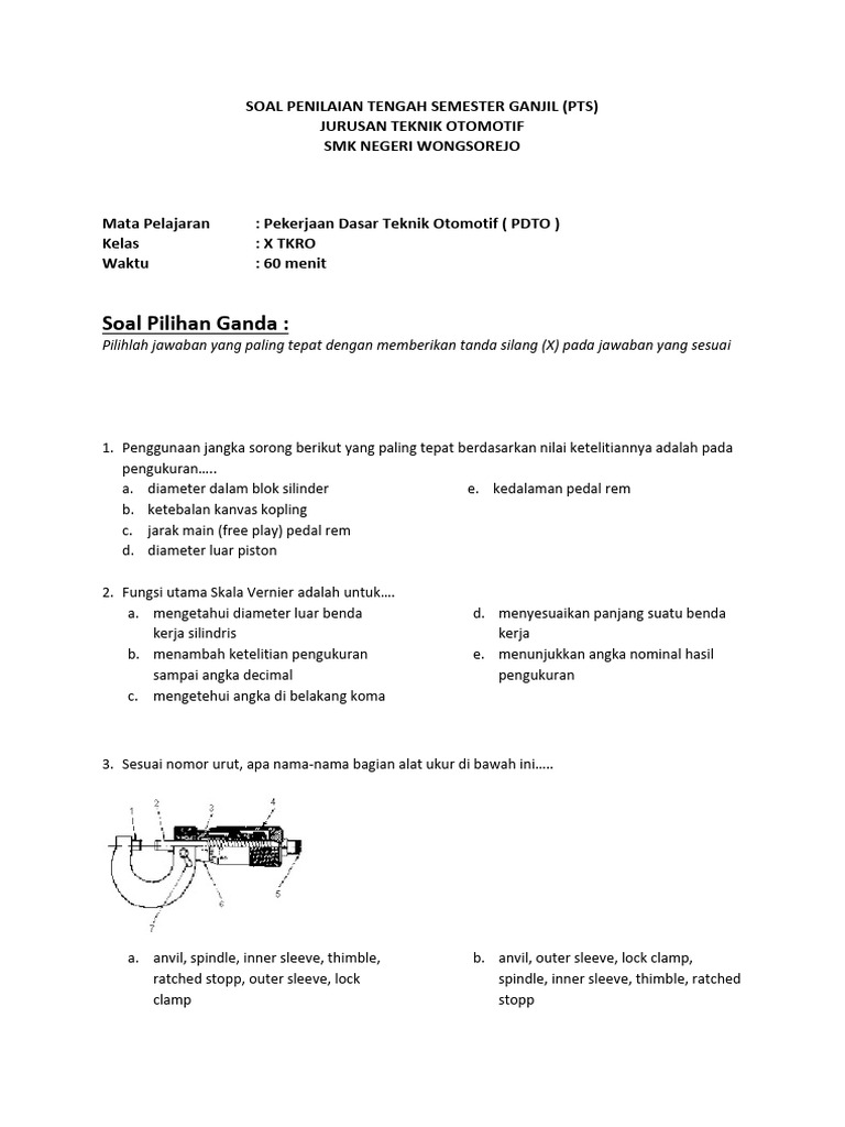 Soal PTS X Tkro - Mapel Pdto | PDF | Length | Measuring Instrument